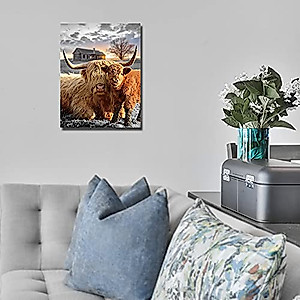 Highland Cow Canvas Wall Art Animal Print Pictures Highland Fluffy Cattle Photo Framed Farmhouse Painting 12x16 inches for Home Decor