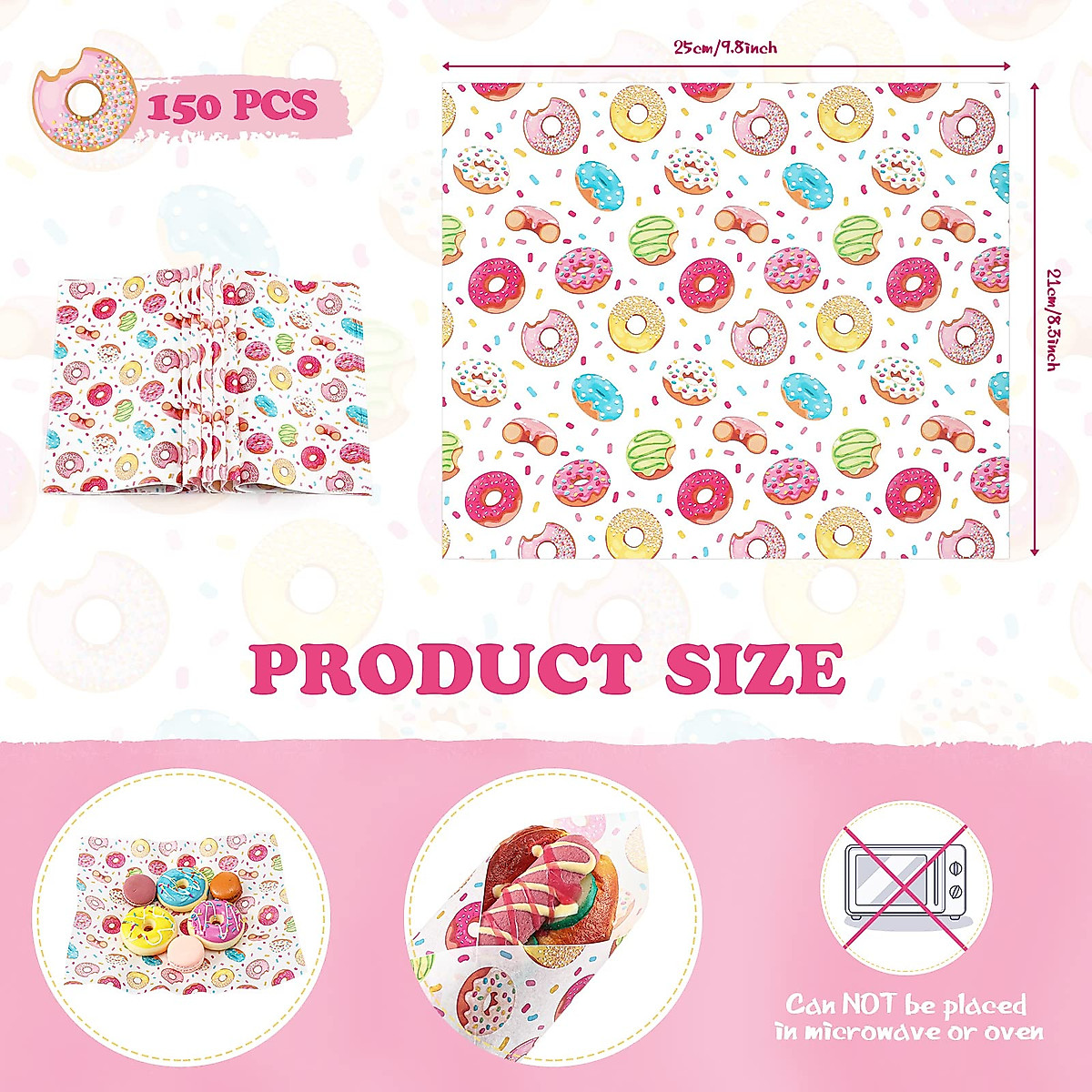 150 Pcs Donut Wax Paper Sheets, 10 x 8 Inch Hamburger Patty Paper, Sandwich Separators Wrap Paper for Home Restaurants Kitchen Baking Summer Party Supplies