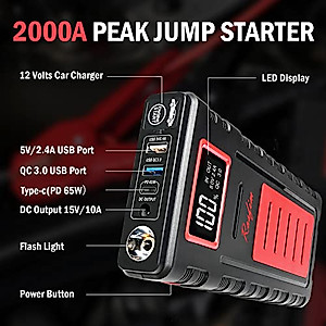 Portable Car Jump Starter, Rosfim 2000A Jump Starter Battery Pack for up to 8.5L Gas and 6.5L Diesel Engines,12V Auto Battery Booster, USB-C PD 65W Power Bank Charger with LCD Display