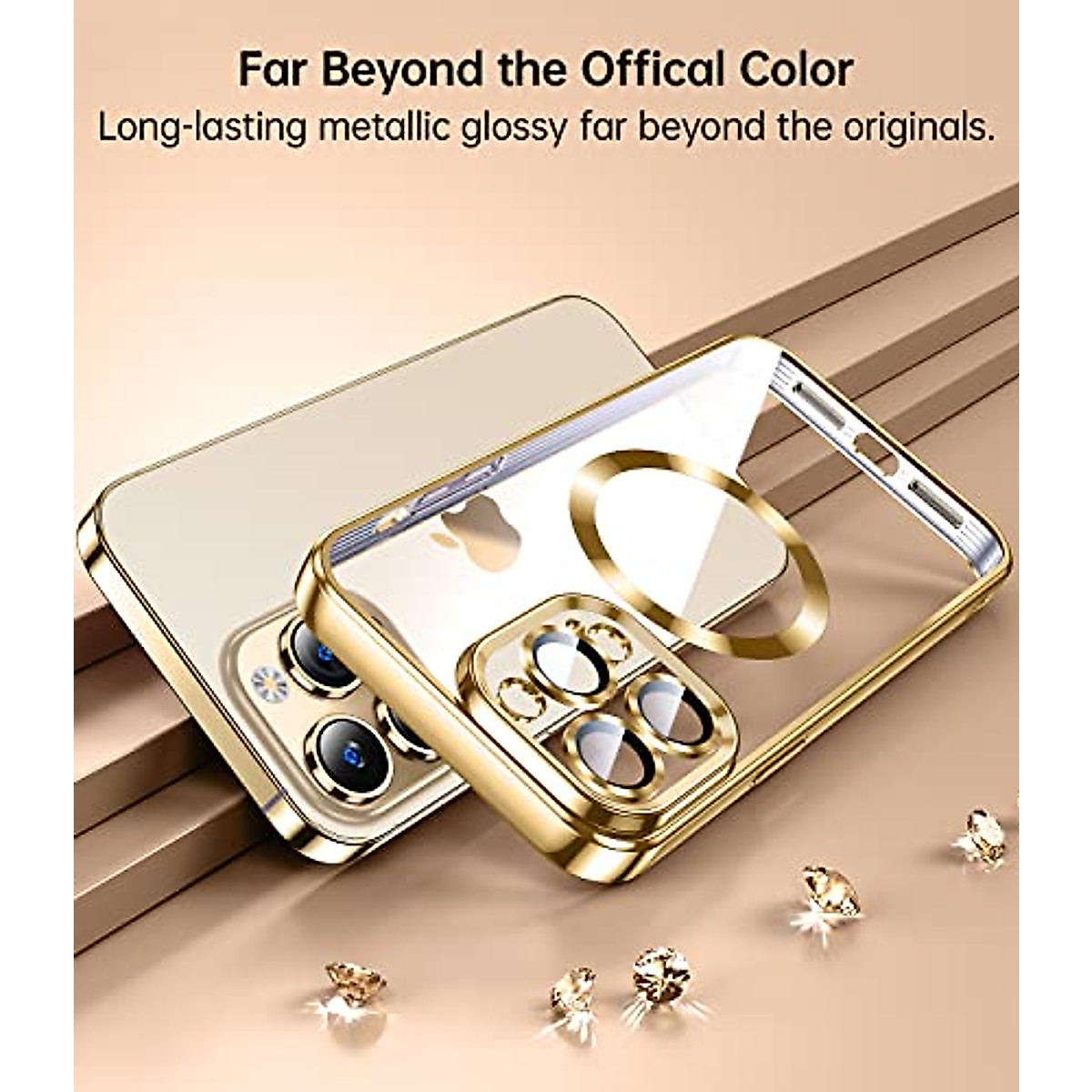 JUESHITUO Magnetic Clear for iPhone 14 Pro Max Case with Full Camera Protection [Never Yellow] [No.1 Strong N52 Magnets] [Military Grade Drop Protection] for Women Girls Phone TPU Case (6.7")-Golden