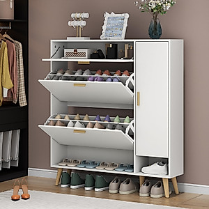 Loomie Shoe Cabinet, Shoe Storage Cabinet with 2 Flip Drawers & Side Cabinet, Narrow Shoe Cabinet with Doors, Hidden Shoe Storage with Adjustable Shelf, Slim Shoe Cabinet for Entryway (White)