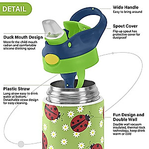 ALAZA Ladybug Kids Water Bottles with Lids Straw Insulated Stainless Steel Water Bottles Double Walled Leakproof Tumbler Travel Cup for Girls Boys Toddlers 12 oz,Green