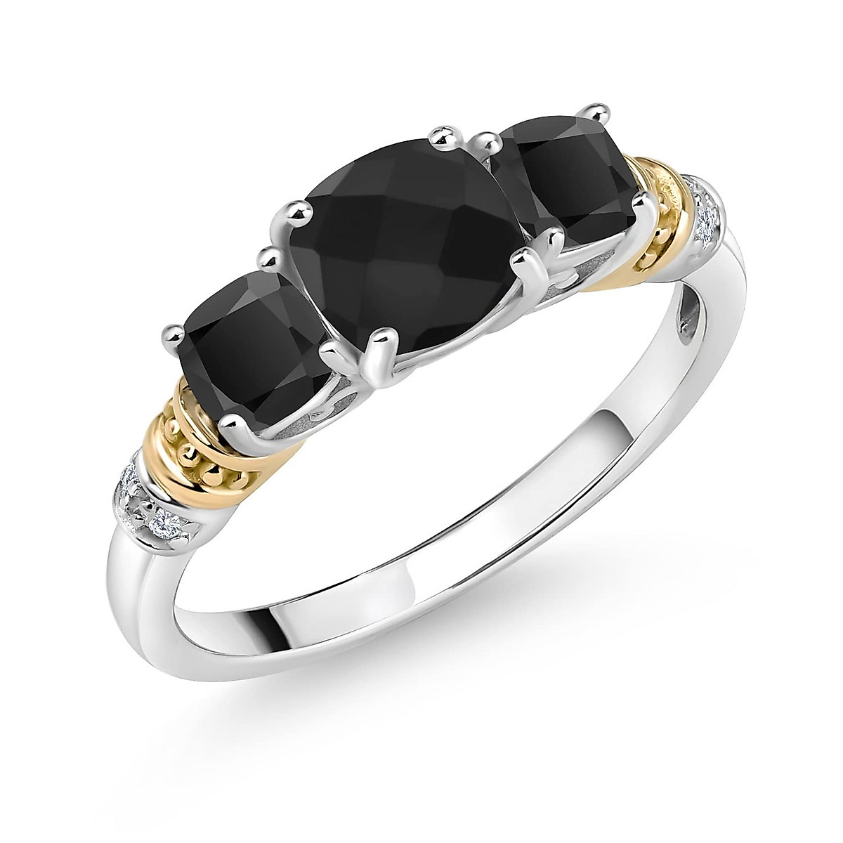 Gem Stone King 925 Silver and 10K Yellow Gold Black Onyx and Diamond 3-Stone Ring For Women (1.51 Cttw, Gemstone December Birthstone, Cushion Checkerboard 6MM and 4MM, Size 8)