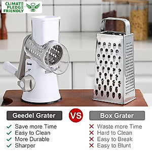 Geedel Rotary Cheese Grater, Kitchen Mandoline Vegetable Slicer with 3 Interchangeable Blades, Easy to Clean Rotary Grater Slicer for Fruit, Vegetables, Nuts