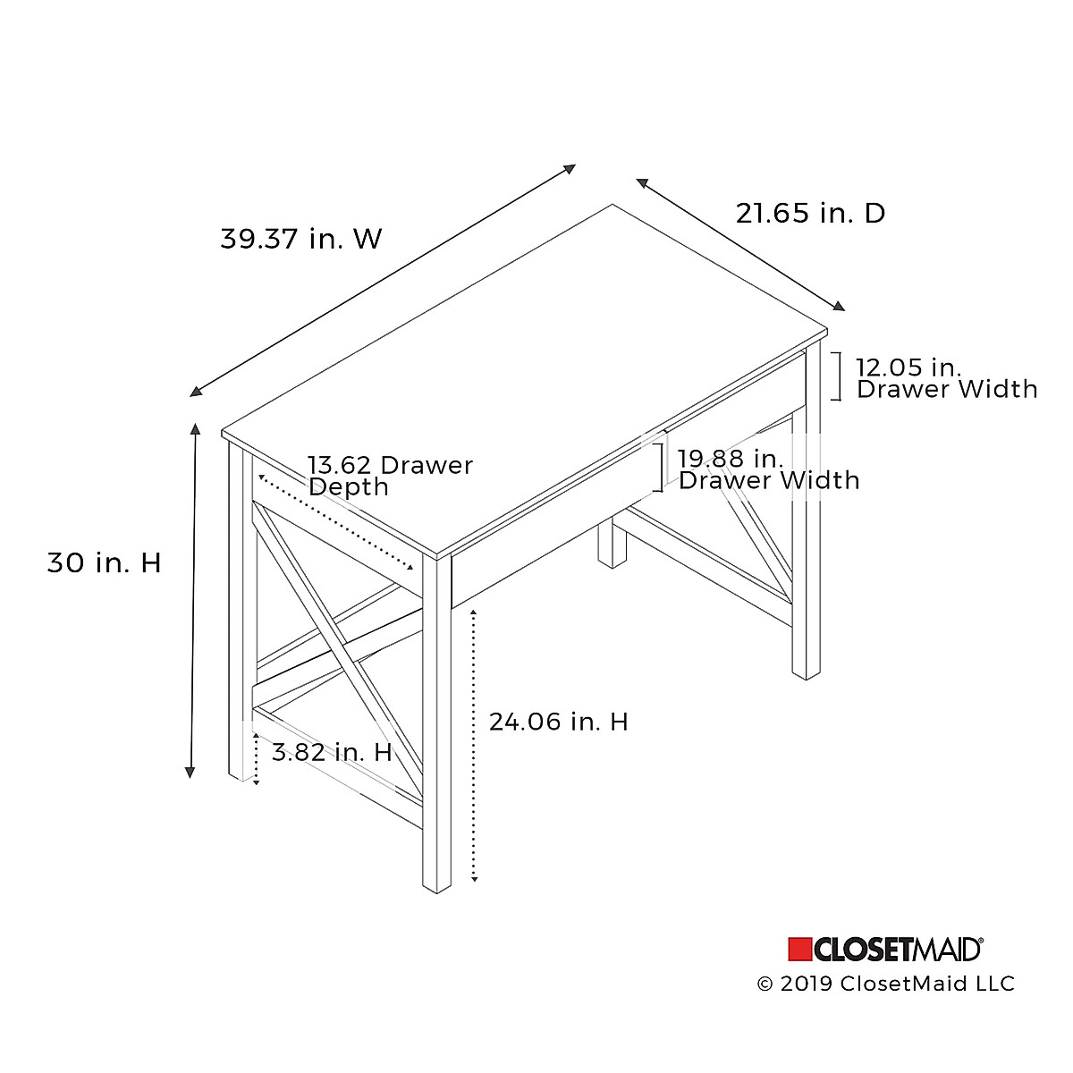 ClosetMaid 3950 X-Frame Design Writing Desk or Console Table with Drawers, White Wood