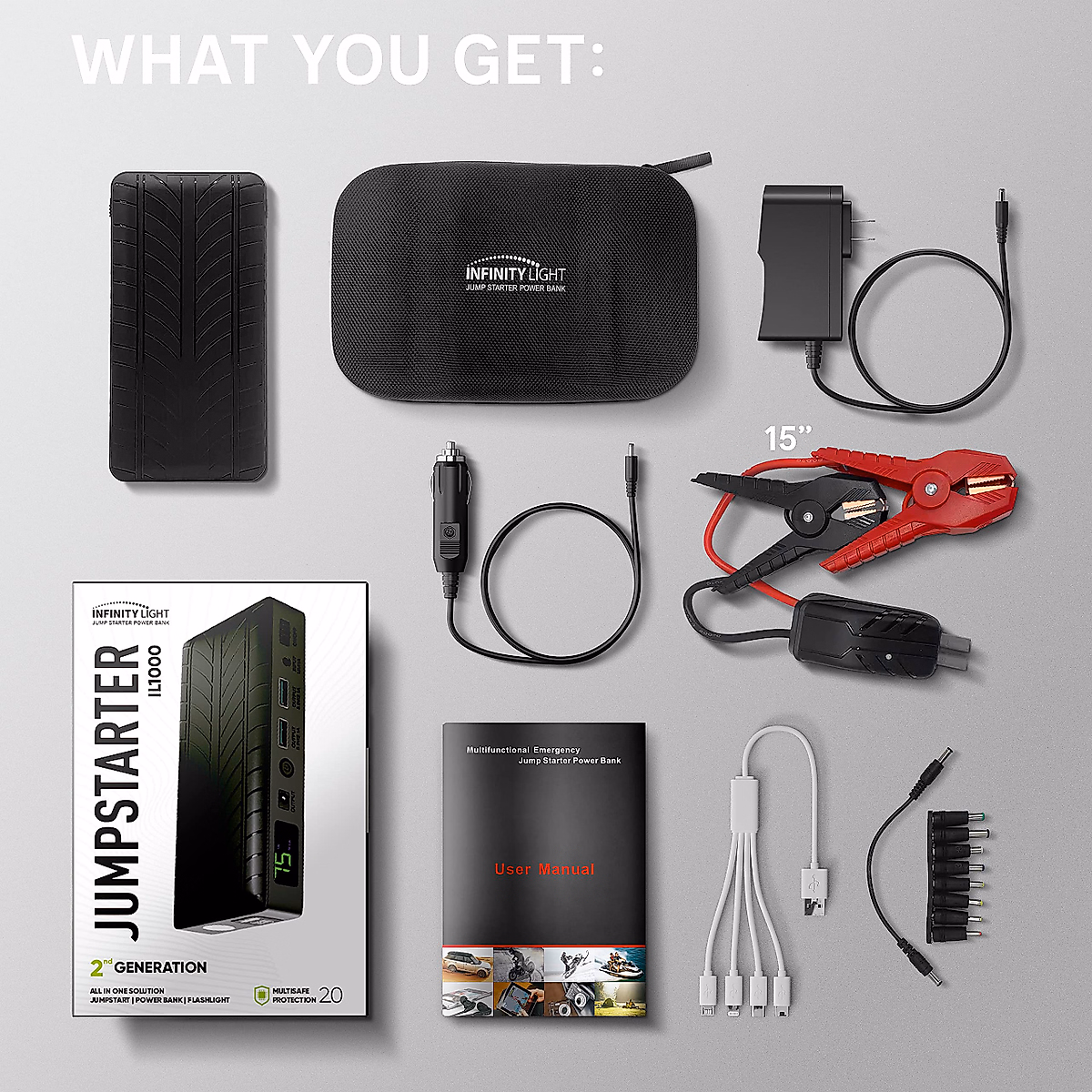 Infinity Light Jump Starter Battery Pack – 1000Amp 18,000mAh 12V Car Portable Battery Booster Pack Power Bank – 2 in 1 USB Charger with LCD Display, LED Light Emergency Warning Mode, 6L Gas/4L Diesel