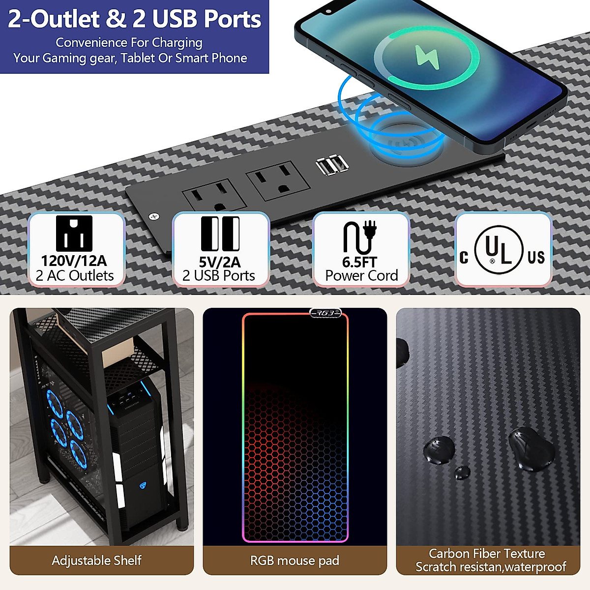 Lomie Computer Desk with Power Outlet & Led Light, 63" Large Wing-Shaped Gaming Desk with Full Monitor Stand, Wireless Charging, RGB Mouse Pad,Headphone Hook,Studio Desk with Storage Shelf for Live