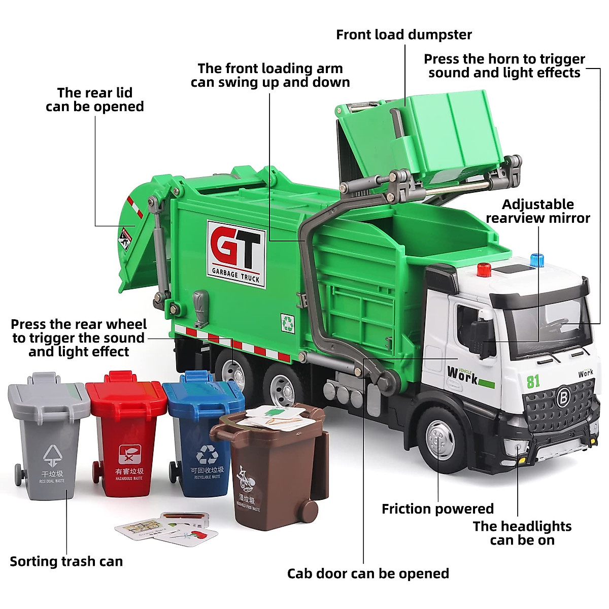 OANMYJJO Metal Diecast Garbage Truck - Friction Powered with Light & Sounds, Front Loader Dumpster, Boys Age 4-7