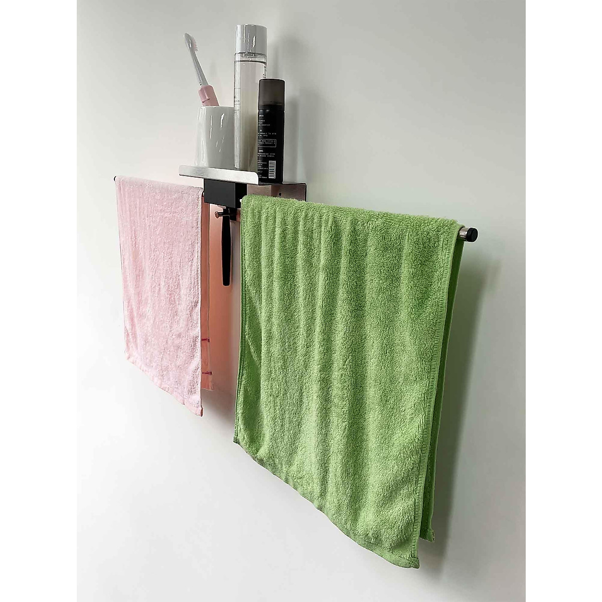 30 inch Stainless Steel Towel Bar, Adhesive No-Drill Towel Rod with Shelf, Towel Holder with Toothbrush Razor Hooks, Towel Rack for Kitchen Bathroom Accessories, Brushed 1 Pack