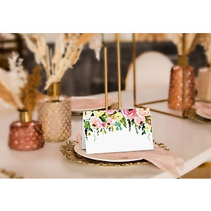 Table Place Card, Watercolor Floral Themed Tent Style Cards, Pack of 25 Half-Fold Reception Place Cards, Perfect for Wedding, Bridal & Baby Shower, Party, Birthday, Banquet and Special Events A39