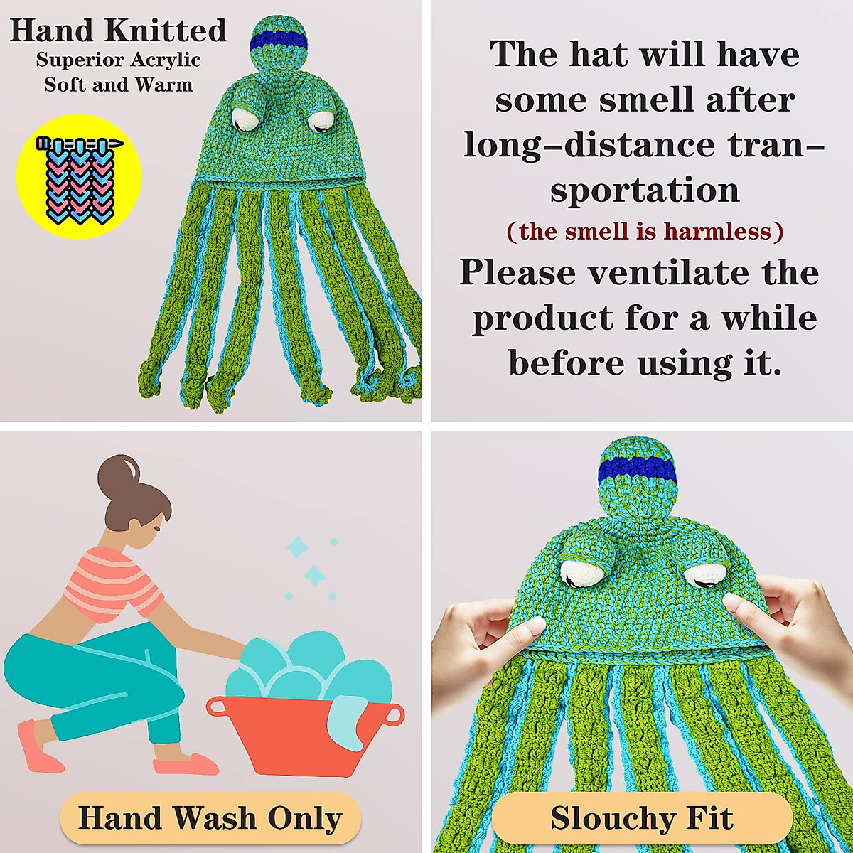 Aizami Knitted Winter Hat Knit Beanie Octopus Hat Unique Soft and Warm Hand Weave Hat for Women and Men Christmas Hat Blue-Green