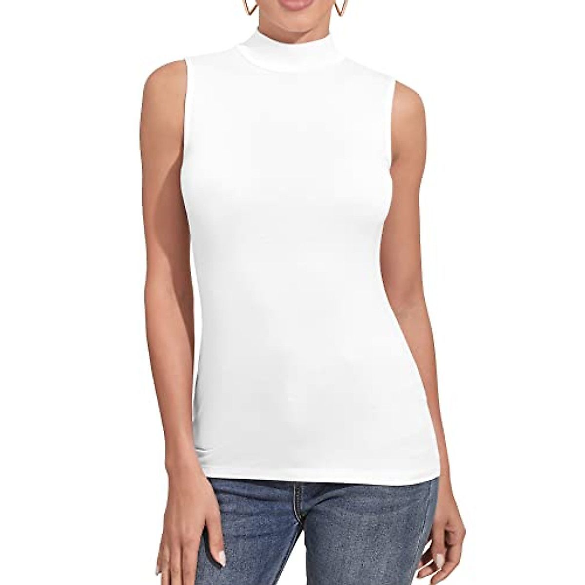 UNTYHOTS Women's Sleeveless Mock Turtleneck Tanktop Basic Stretch Fitting Pullover Lightweight Slim Shirt (Sleeveless White, Large)