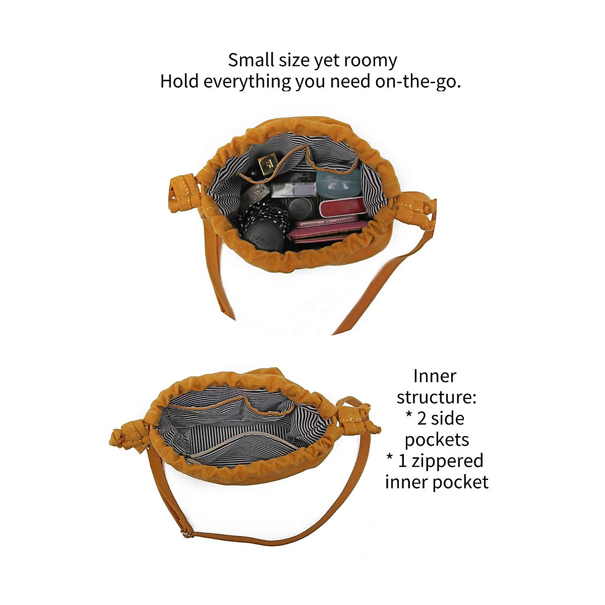 Jeelow Small Canvas Bucket Crossbody Cellphone Bags Drawstring Purses For Men & Women (Black Drawstring)