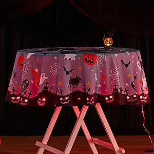 Suppromo Halloween Tablecloth with Lights 60 Inch Round Waterproof Fabric Pumpkin Witches Bat Ghost Table Cloth for Halloween Party Everyday Dinner Table Decorations Halloween Table Cover