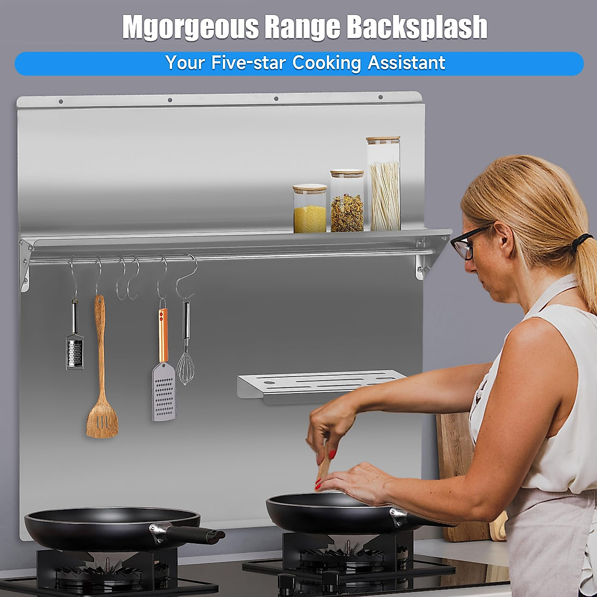 Range Backsplash with Shelf 30 x 30.7 Inch Range Hood Wall Shield Max. 66.14 lbs Load Capacity Stainless Steel Backsplash with Built-in Storage Shelf and Hanging Rack for Kitchen Home Restaurant