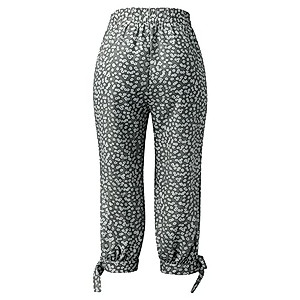 DUOWEI Women Pants for Work Casual Womens Flower Prinnted Linen Capri Pants Elastic Waist High Waist Work Pants for Women Green