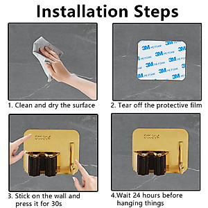 Blueden Mop and Broom Organizer Wall Hanging No Drill,Metal Utility Tool Hangers Wall Mountable,Garage Closet Organizer Heavy,Storage Rack Self Adhesive 2Pcs for Bathroom, Kitchen, Office,Laundry.Gold