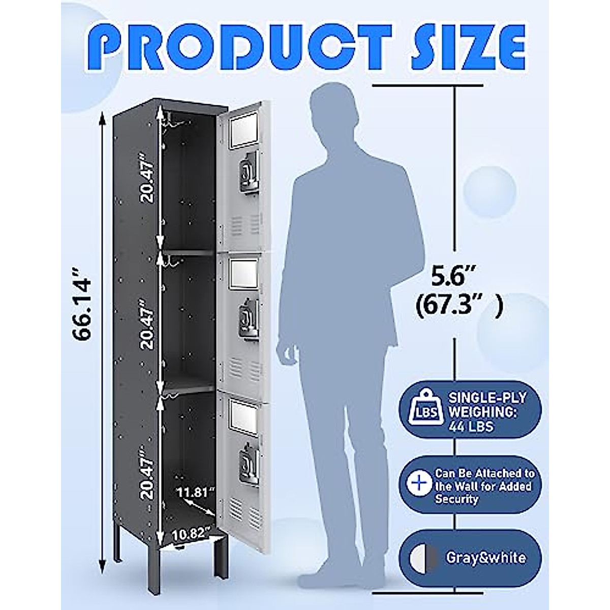 KAER 3 Doors Metal Locker,Lockable Storage Cabinet,Metal Lockers for Employees,Locker for School, Gym, Home, Office, Garage Storage Cabinet with Mirror Hook and Assembly Tool (Off-White, Unassembled)