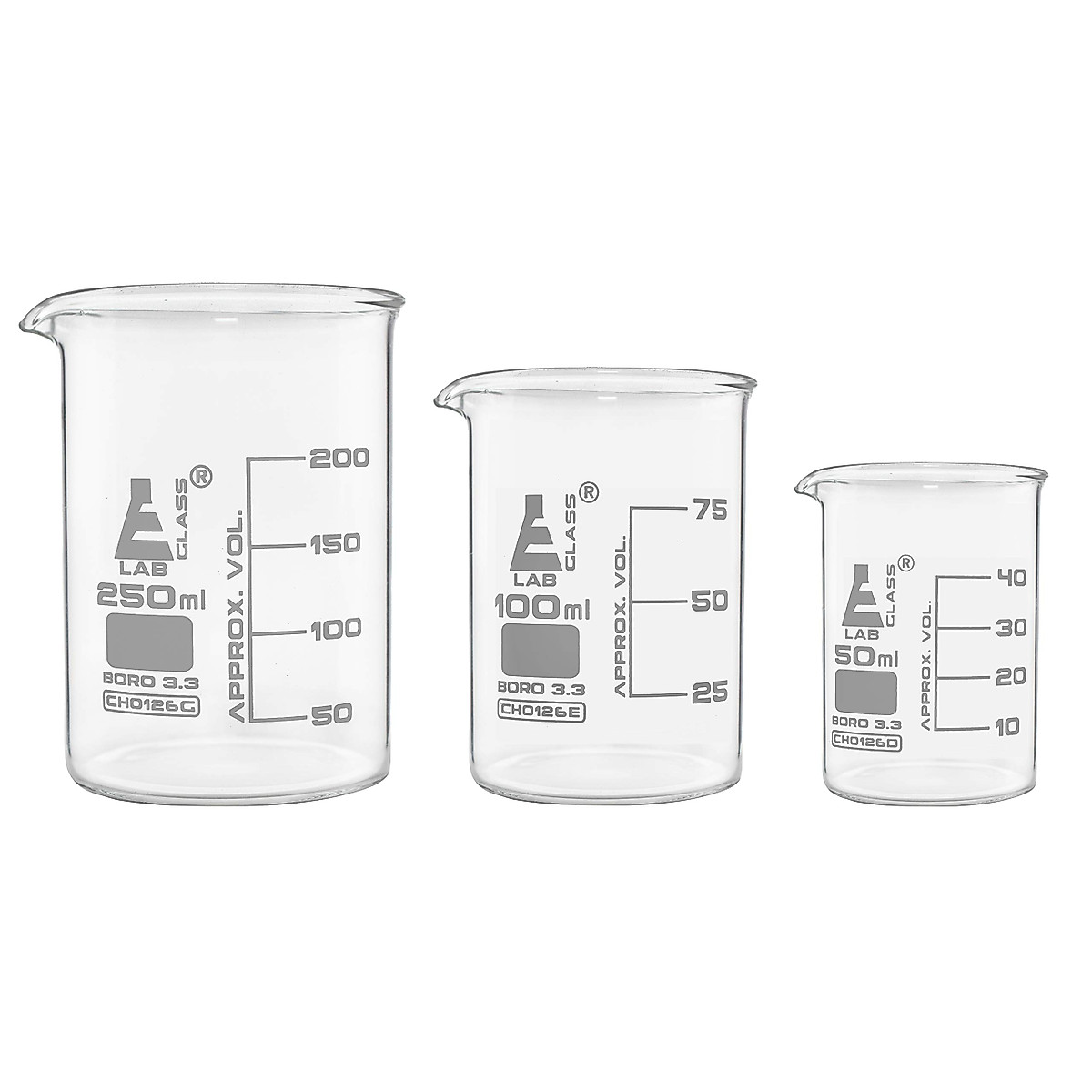 EISCO Premium 3pc Glass Beakers Set, 50mL, 100mL, 250mL - Low Form Lab Beakers - Borosilicate 3.3 Glass - Packaged in Thick, Custom-Fit Foam Insert