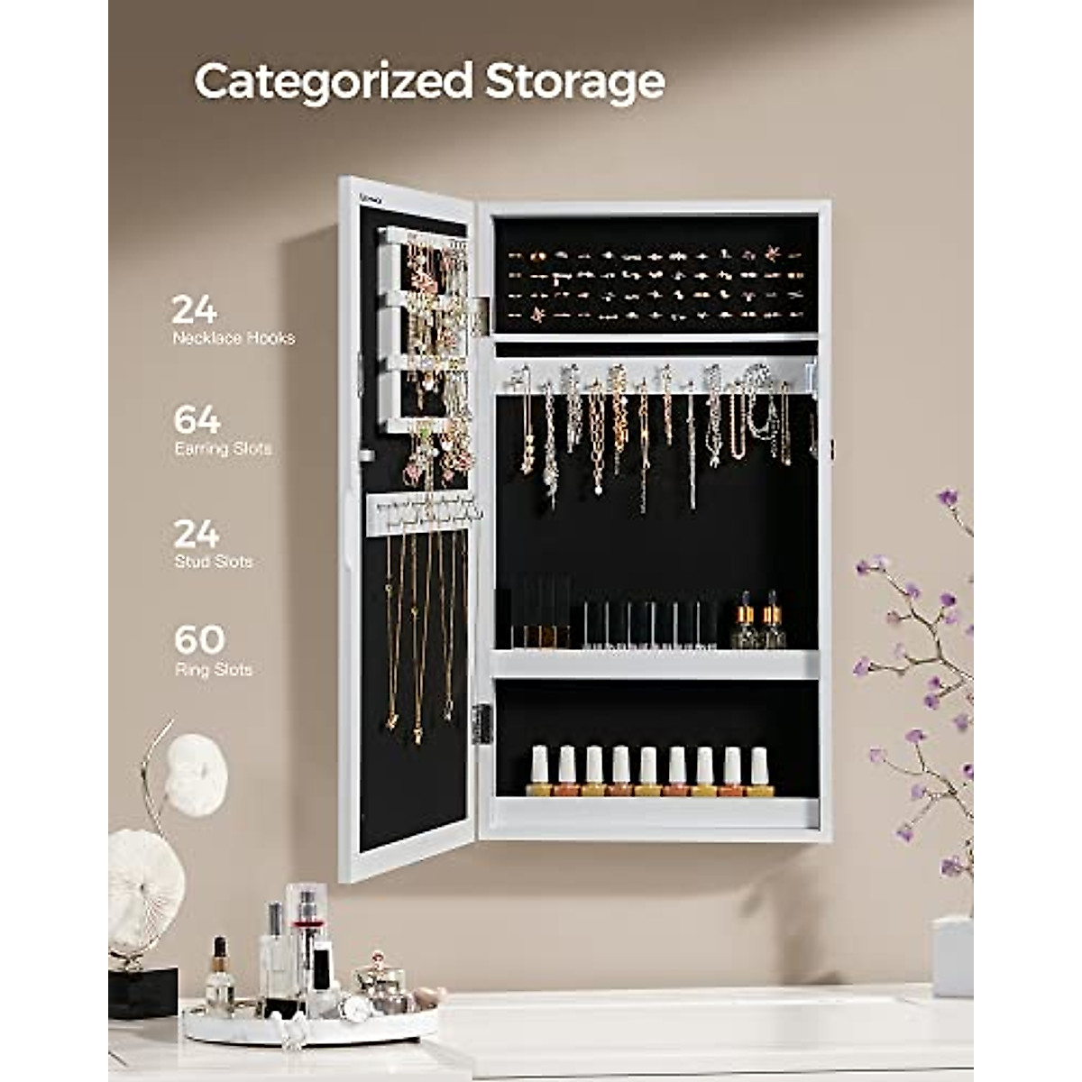 SONGMICS Lockable Jewelry Cabinet Armoire with Mirror, Wall-Mounted Space Saving Jewelry Storage Organizer, White UJJC51WT