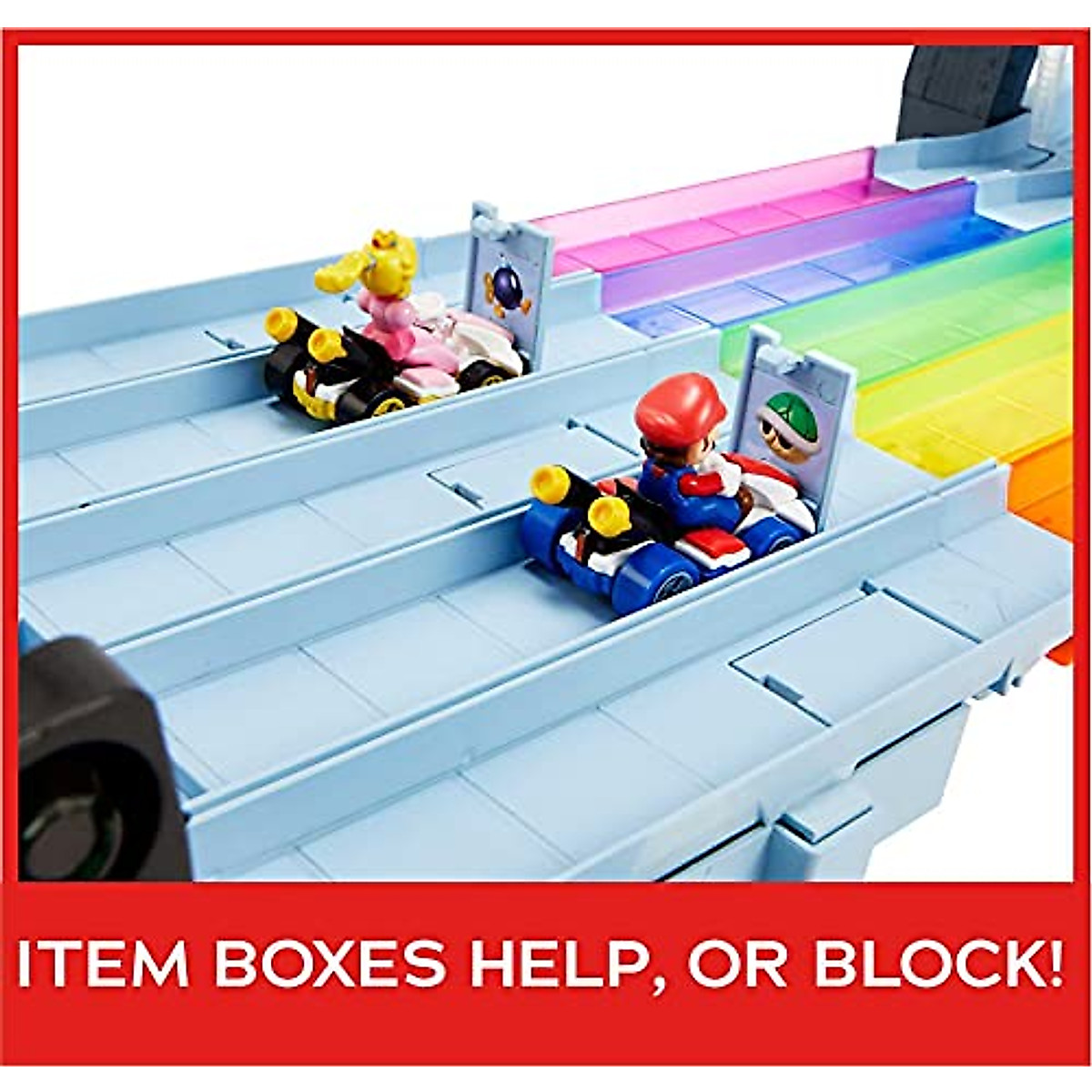 Hot Wheels Mario Kart Rainbow Road Raceway 8-Foot Track Set with Lights & Sounds & 2 1:64 Scale Vehicles, Race with 5-Track Colorful Course with 2 Configurations, Toy Gift for Kids