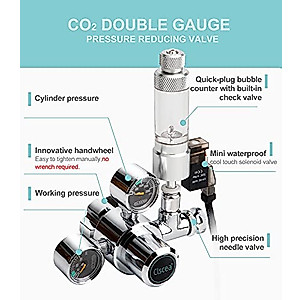 Clscea Aquarium CO2 Regulator Dual Gauge with Bubble Counter and Solenoid Valve, Single Stage