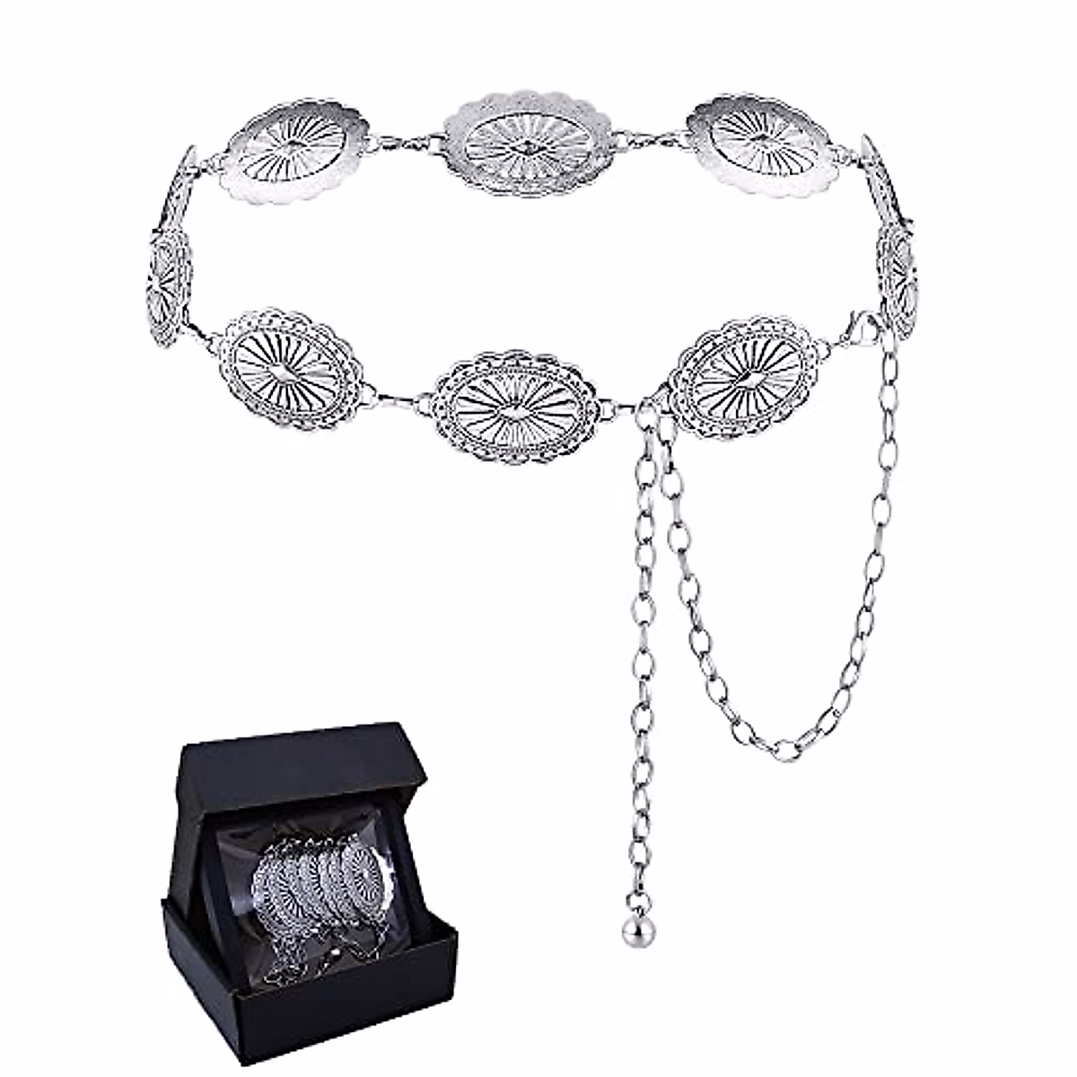trypro Metal Waist Chain Belt for Women Western Cowgirl Adjustable Concho Silver Chain Belts for Dresses Jeans Gift