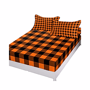 Farmhouse Orange Black Buffalo Plaid Fitted Bed Sheets Full Size Fit 5-16inch Deep Pockets,Luxury Bottom Sheet Bedding Set with Pillow Case,Gingham Lattice Fitted Sheet for Mattress