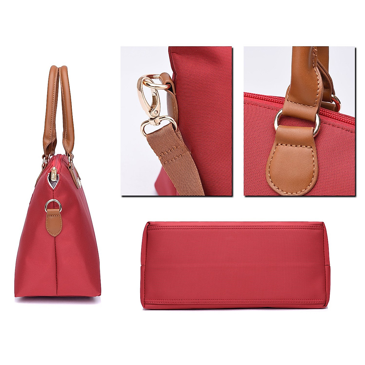 NNEE Water Resistance Nylon Top Handle Satchel Handbag with Multiple Pocket Design - Red