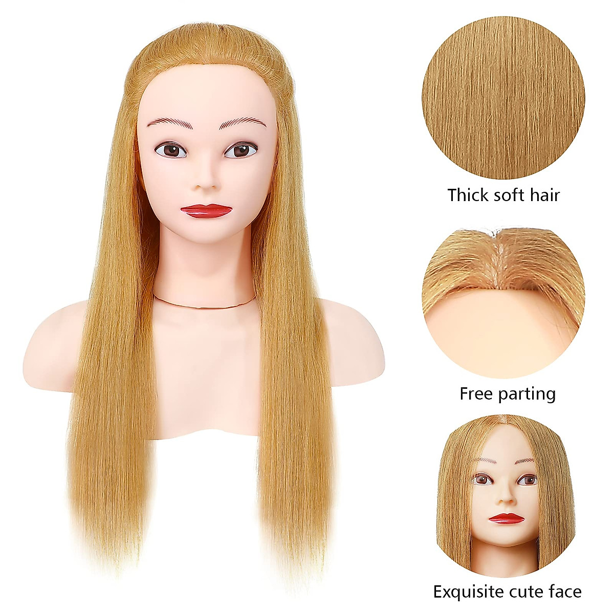 LNASI Mannequin Head 24-26 inch 100% human hair Styling Training Head Cosmetology Manikin Head Doll Head for Hairdresser with Free Clamp strawberry blonde