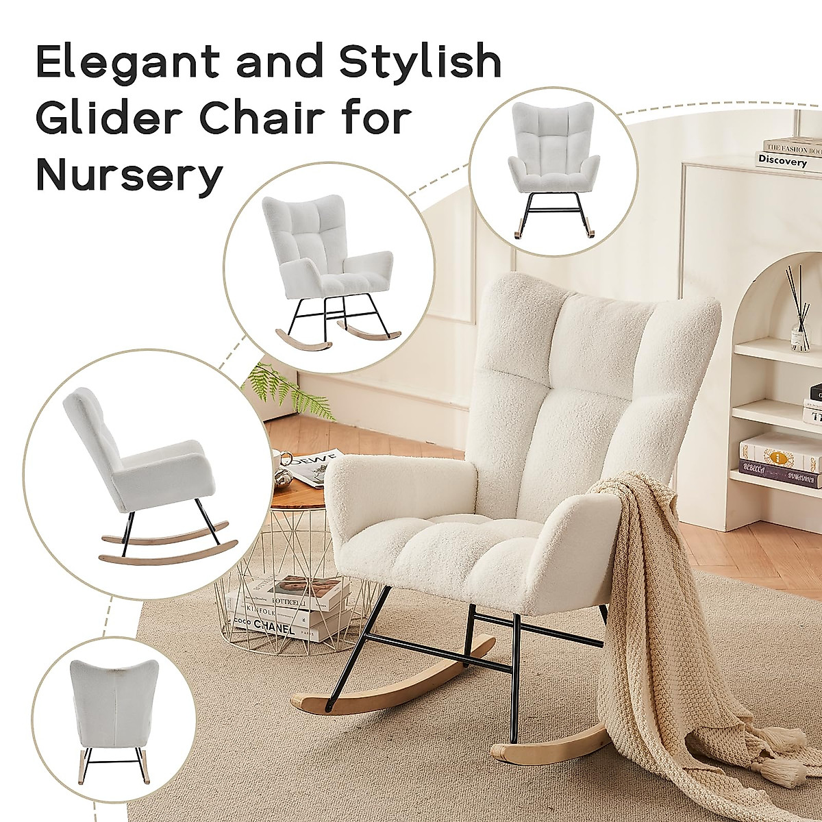 Sudwesto Modern Nursery Rocking Chair, Upholstered Glider Chair with High Backrest, Rocker Accent Armchair with Solid Wood Legs for Nursery Bedroom Living Room (Cold White Teddy)