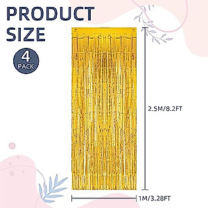 4 Pack 3.2ft x 8.2ft Gold Foil Fringe Curtain Backdrop Metallic Tinsel Foil Fringe Curtains Photo Booth Backdrop for Birthday Party Decorations Christmas Baby Shower Party Decorations (Gold)