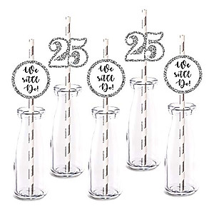 25th anniversary Straw Decor, 24-Pack silver 25th anniversary Party Supply Decorations, Paper Decorative Straws