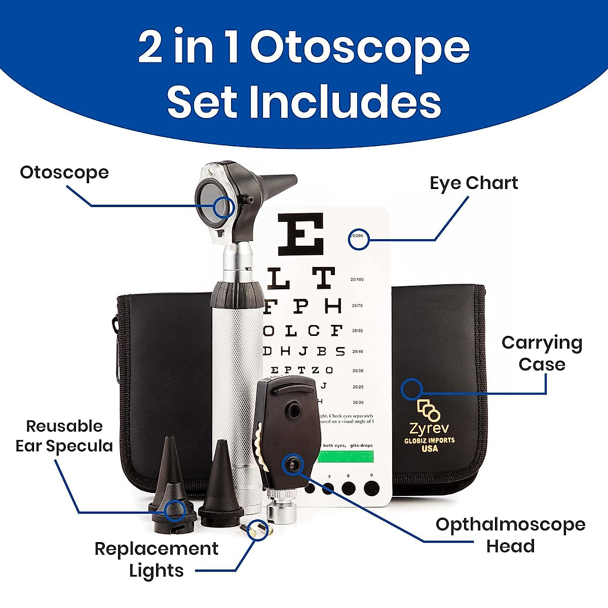 Zyrev 2 in 1 Otoscope Oph Set - Perfect for Nursing & Medical Students with Carry Case, Sight Chart & Replacement Ear Speculums