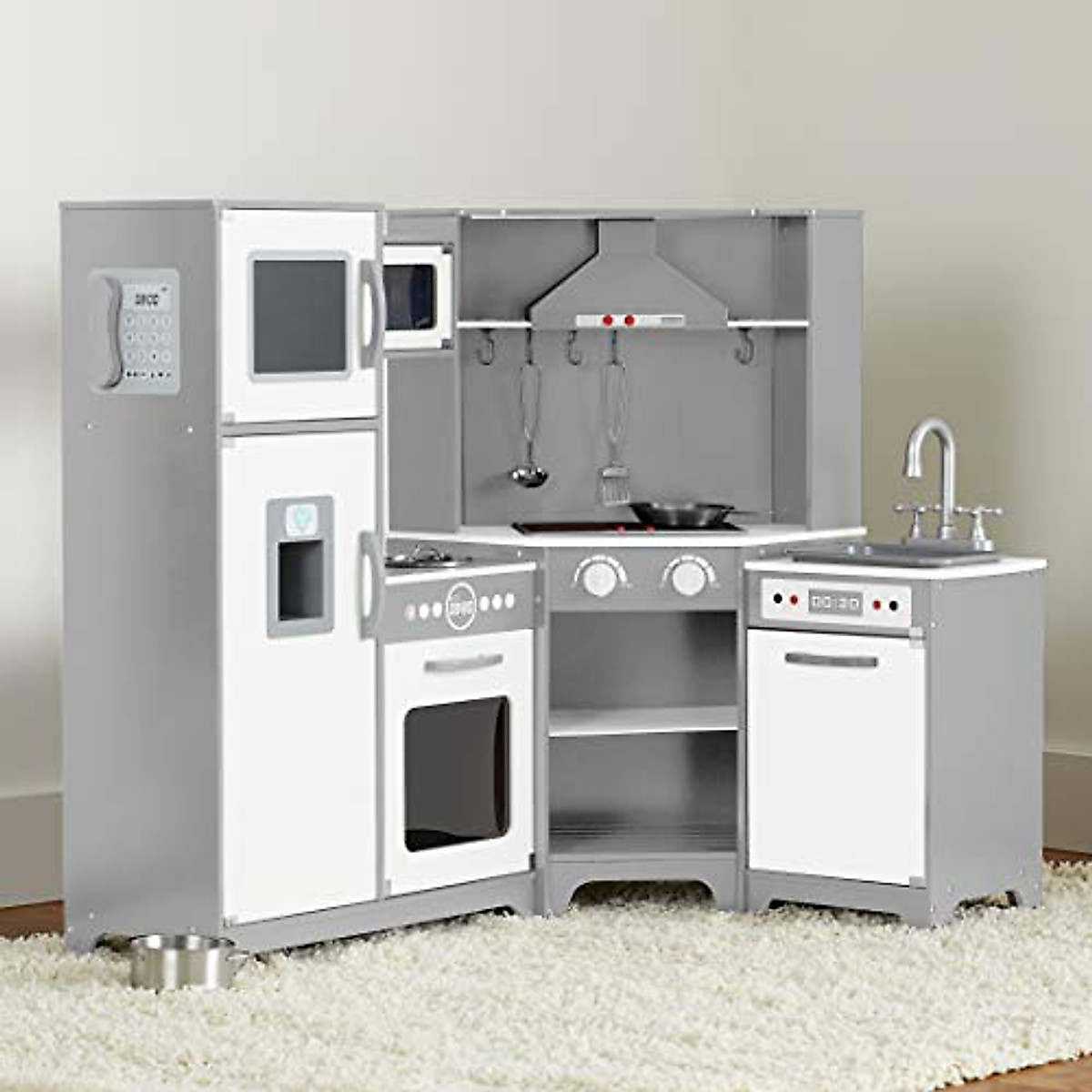 Amazon Basics Kids Corner Wooden Kitchen Toy Playset with Stove, Oven, Sink, Fridge and Accessories, for Toddlers, Preschoolers, Children Age 3+ Years, White & Gray, 39.37"L x 28.35"W x 35.04"H