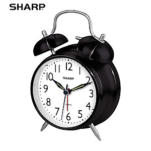 SHARP Twin Bell Alarm Clock - Loud Alarm - Great for Heavy Sleepers - Battery Operated Quartz Analog Clock (Midnight Black)