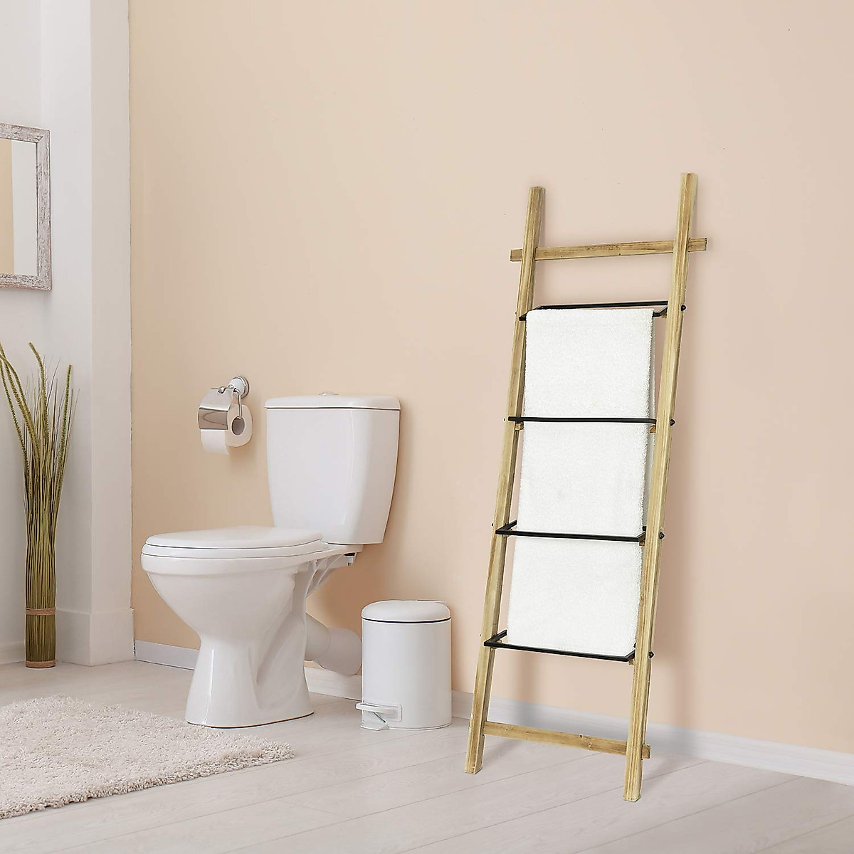 MyGift 6-Tier Blanket Ladder Wooden, 54 inch Blanket Quilt Holder Rack Decorative Ladder, Easy Assembly, Rustic Farmhouse Ladder Shelf for The Living Room Bedroom Bathroom Home Decor, Brown