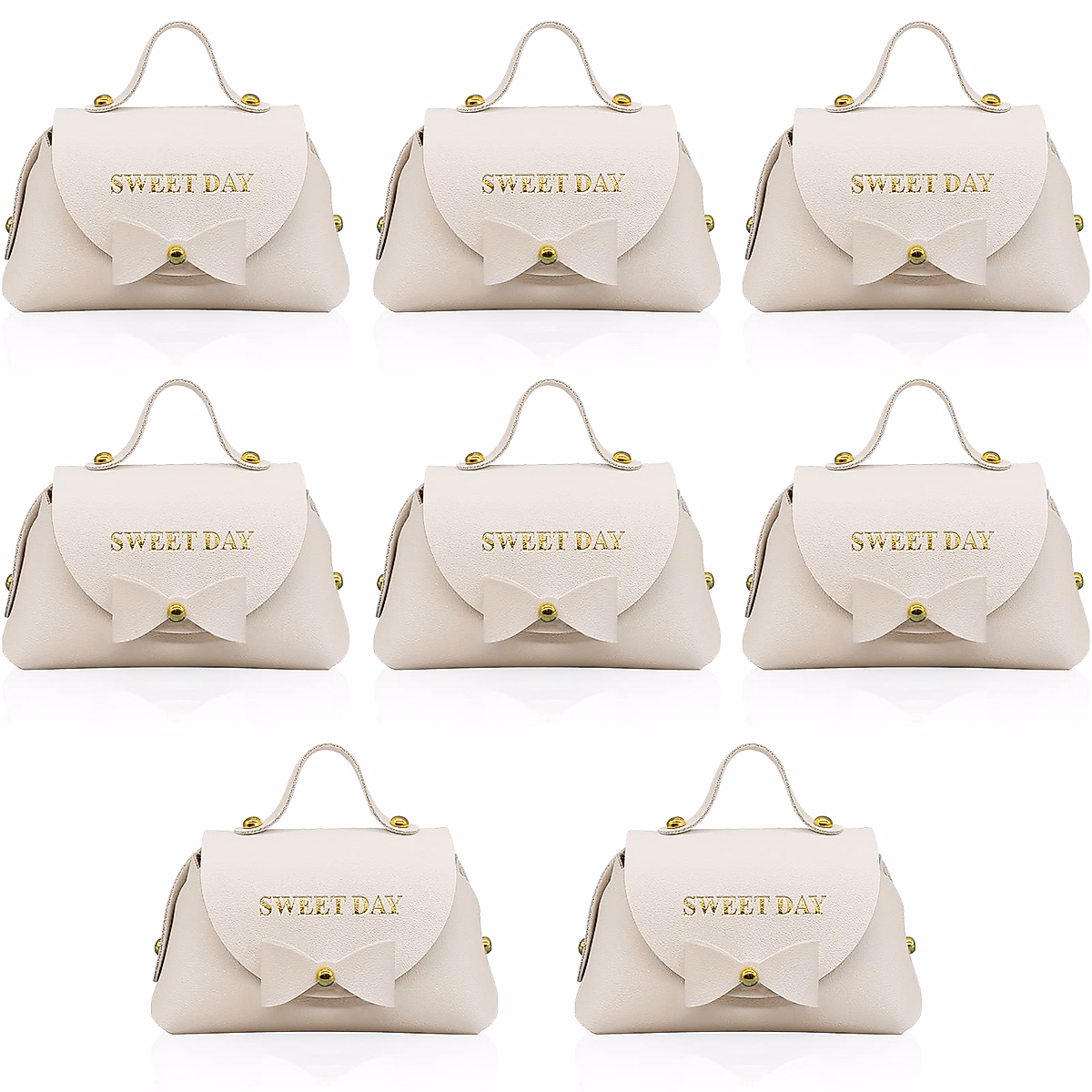 8 pack Exquisite Leather Bowknot Handbag Treat Boxes Gift Boxes with Handle, 5"x3.5" Reusable Wedding Party Favor Boxes Small Size Candy Gift Bags with Bow for Baby Showers Birthday Christmas Party