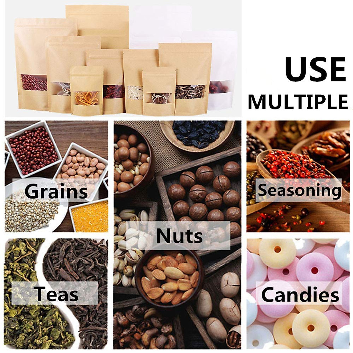 50 pcs Kraft Bags with Window Stand Up Ziplock Seal Paper Bag Resealable Large Food Storage Pouch 1oz 3.5×5.5in