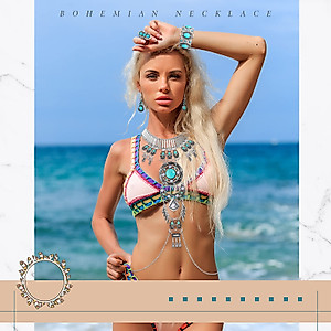 4 Pieces Boho Turquoise Jewelry Set Includes Boho Statement Necklace Body Chains Alloy Oval Resin Drop Dangle Earrings Adjustable Heart Compressed Turquoise Bracelet Turquoise Statement Ring for Women