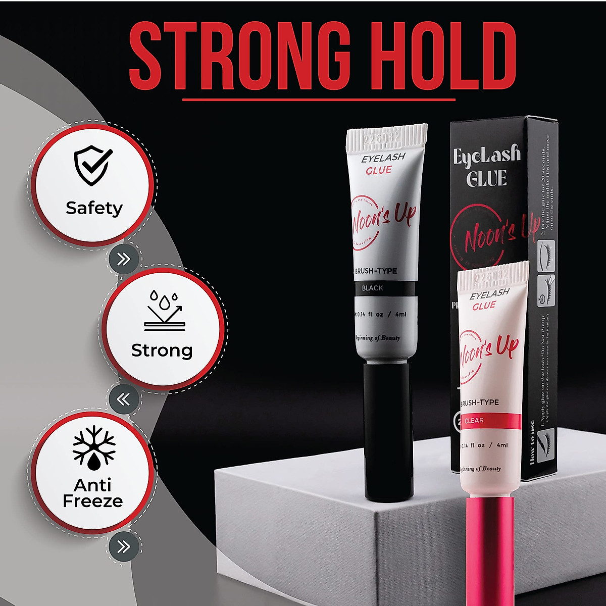 NOON'S UP Eyelash Glue (Black) - Super Strong Hold Eyelash Adhesive | Waterproof Eyelash Glue | Hypoallergenic Lash Glue for Sensitive Eyes | Black Eyelash Glue That Blends Naturally (0.14 Fl. Oz.)