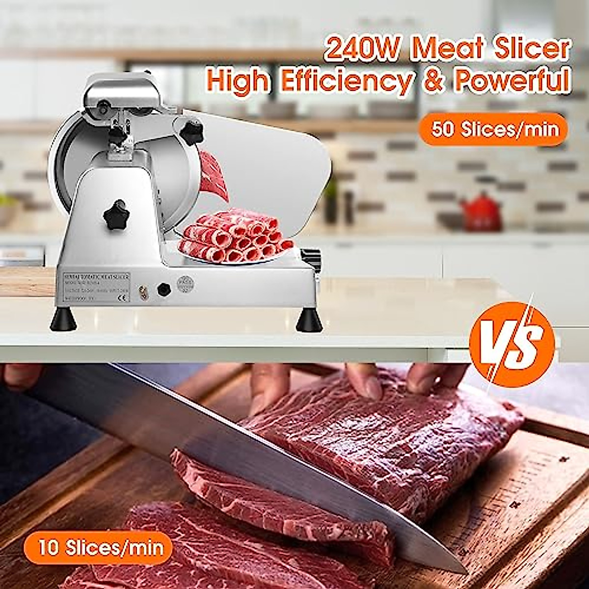 Zomagas Meat Slicer Machine,10 inch Commercial Meat Slicer, 240W Frozen Meat Cheese Deli Slicer,Premium Chromium-plated Steel Blade Semi-Auto Foody Slicer for Commercial and Home Use,Low Noises