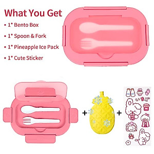 Bento Lunch Box for Kids with Ice Pack, 40oz 4-Compartment Leak Proof Lunch Box Container for Kids Girls/Teens/Adults with Utensils & Sticker, Microwave/Dishwasher/Refrigerator Safe, BPA Free, Pink