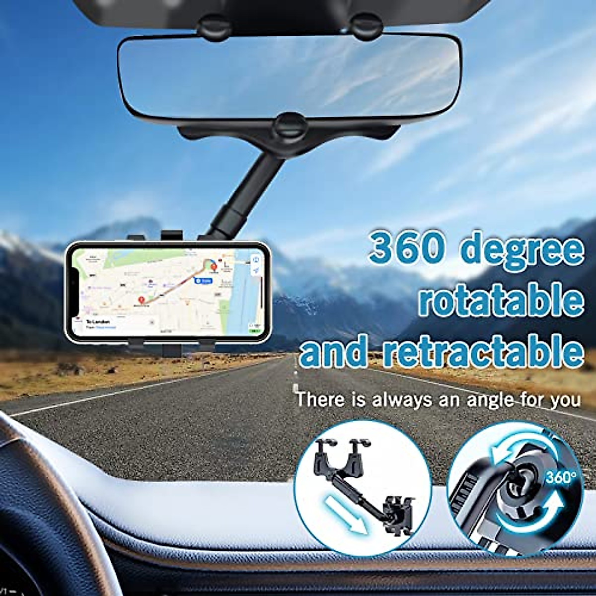 Rearview Mirror Phone Holder for Car-360° Rotatable and Retractable Car Phone Holder with Adjustable Length Upgraded Multifunctional Rearview Mirror Phone Holder for All Mobile Phones and All Car