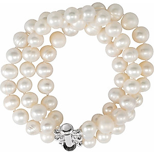 Auriga Fine Jewelry 925 Sterling Silver White Freshwater Cultured Pearl Triple Strand 7.25' Bracelet 8-9 mm Gift for Women