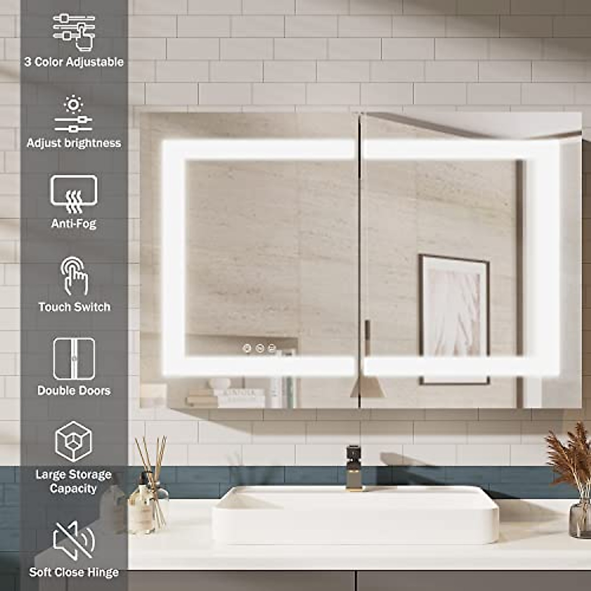 LIGMIRR Bathroom Medicine Cabinet with Lights, 36×24 Inch LED Medicine Cabinet with Mirror, Wall Cabinet with Shelves, Double Door Lighted Medicine Cabinet with Defogger, Dimmable, Wall Mount