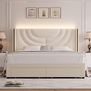 HITHOS Queen Upholstered LED Bed Frame with 2 Storage Drawers, Velvet Platform Bed with Wingback Headboard, Solid Wooden Slats Support, No Box Spring Needed, Headboard Splicing Design, Beige