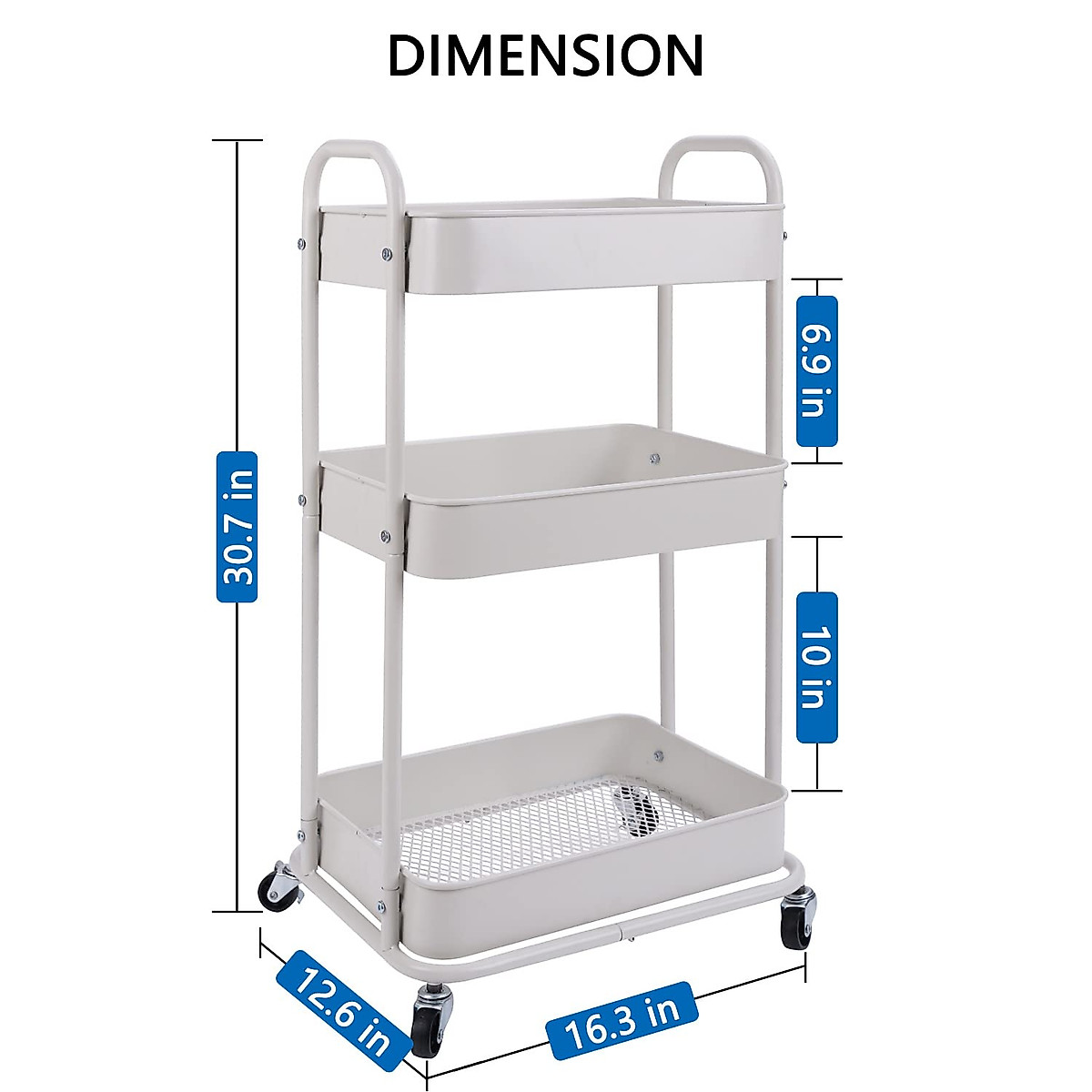 YOHKOH 3-Tier Metal Rolling Utility Cart, Storage Trolley Cart with Mesh Baskets and Lockable Wheels for Bathroom Kitchen Office(White)