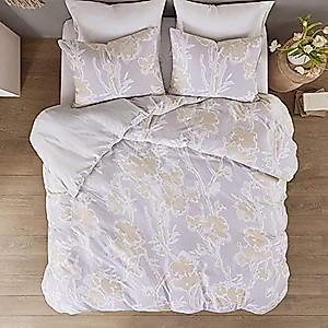 INTELLIGENT DESIGN Reversible 100% Cotton Sateen Duvet - Breathable Comforter Cover, Modern All Season Bedding Set with Sham (Insert Excluded), Tanet, Flower Grey King/Cal King(104"x90")