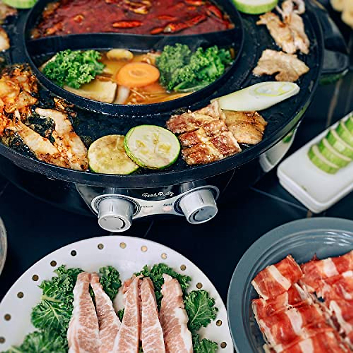 Food Party DUO Electric Smokeless Grill and Hot Pot, With Separable Cooking Plate, Deluxe Combo of 1 Recipe Book, 1 Tong, 1 Oil Brush, 1 Pack of Parchment Paper, for Hotpot KBBQ, Barbecue & Grill